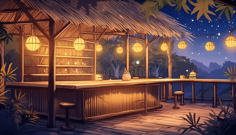 Bamboo Outdoor Bar with Lights Stock Illustration - Illustration of ...