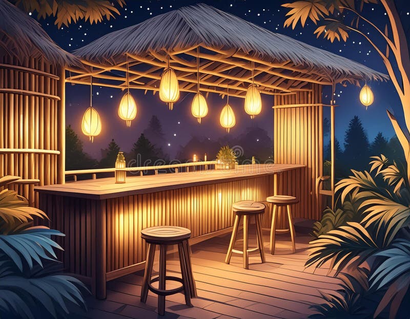 Bamboo Outdoor Bar with Lights Stock Illustration - Illustration of ...