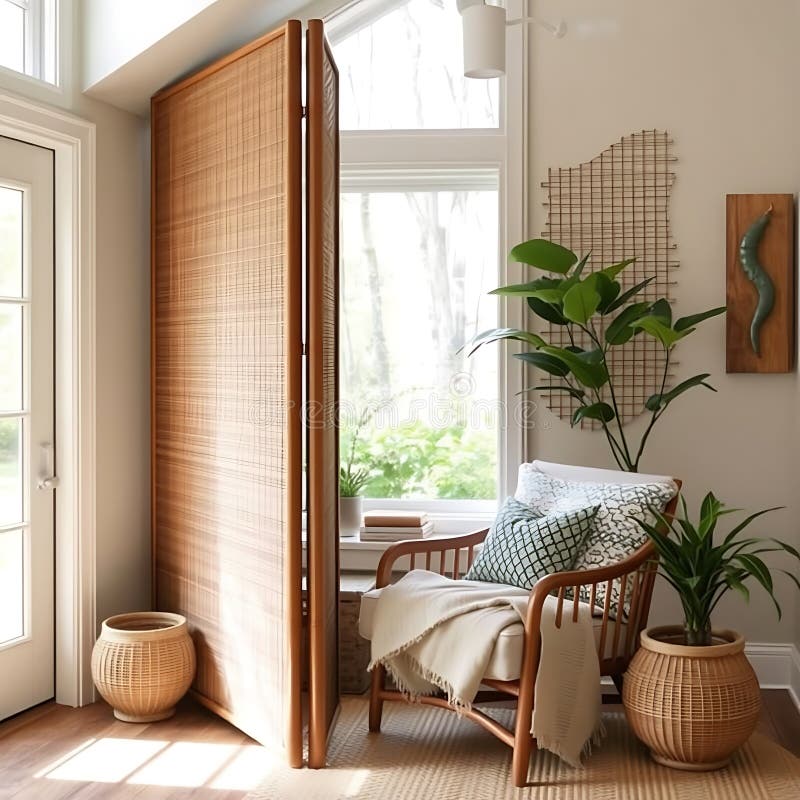 A Bamboo Partition Screen with Natural Textures Separating a Cozy ...