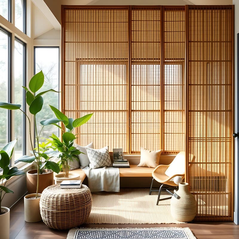 A Bamboo Partition Screen with Natural Textures Separating a Cozy ...