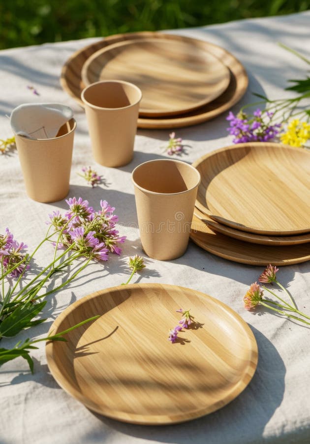Bamboo Plates and Cups on a Table Outdoors Stock Illustration ...