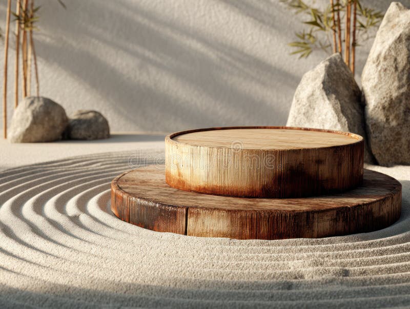 Bamboo Podium with Natural Joints and Nodes in Zen Garden with Sand ...