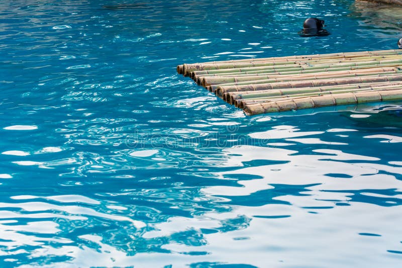 Bamboo raft on blue pool stock photo. Image of river - 206390616
