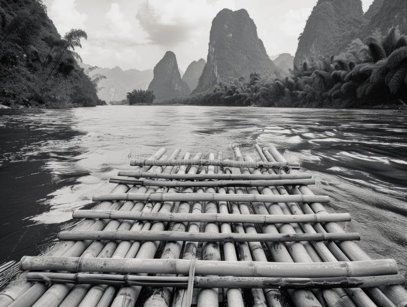 Bamboo Raft on River with Mountains Stock Photo - Image of calm, serene ...