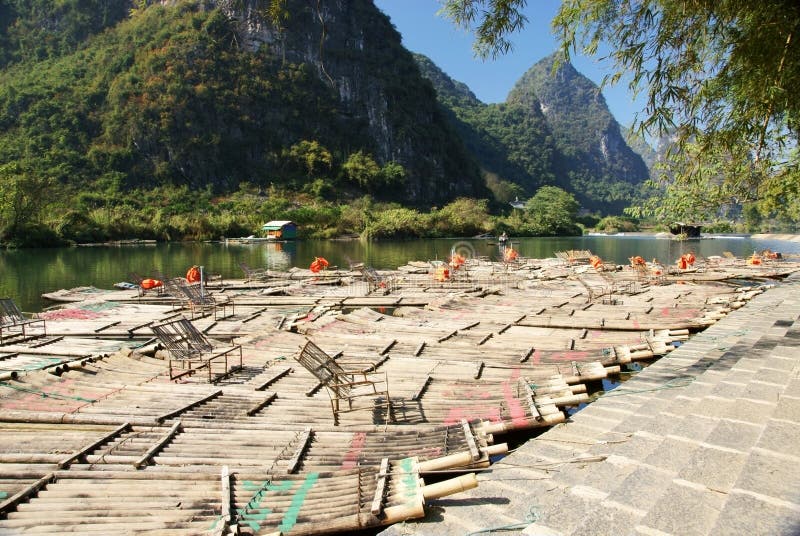 Bamboo raft with li river stock image. Image of tree - 17556227
