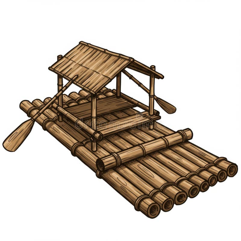 Bamboo Raft with Simple Shelter on White Background Stock Illustration ...