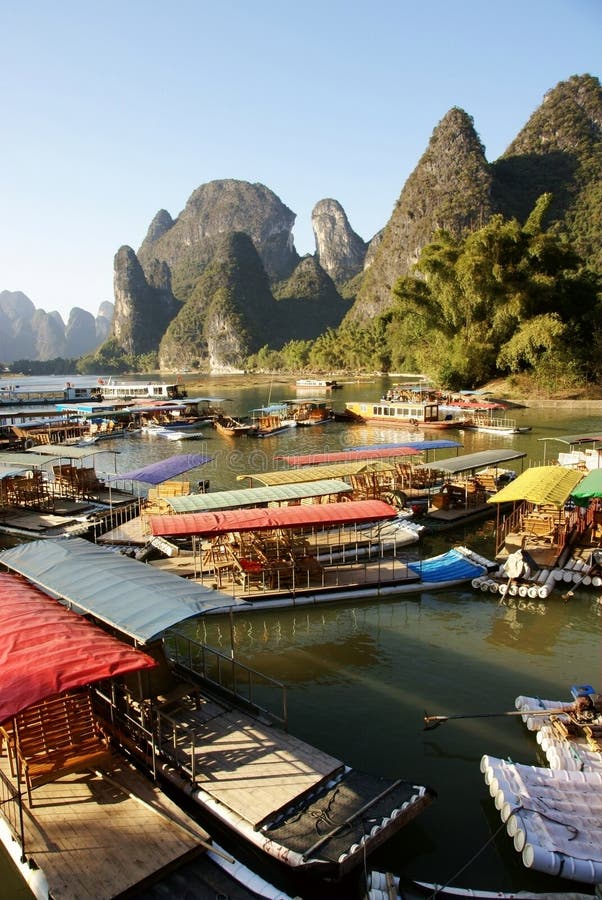 Bamboo Raft in Xingping Village Stock Image - Image of forest, colorful ...