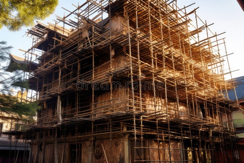 Bamboo Scaffolding Supporting a Historical Building Renovation Stock ...