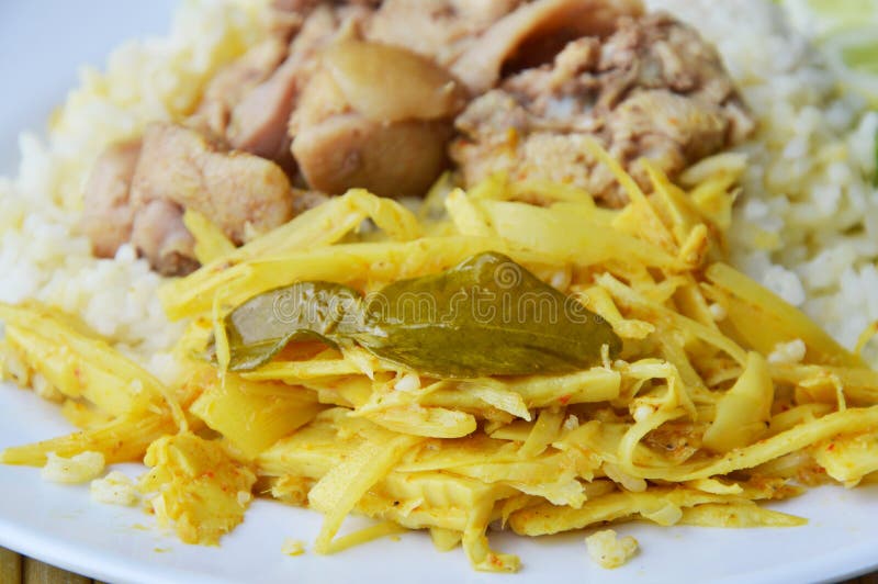 Bamboo Shoot Curry and Fried Salty Chicken on Rice Stock Image - Image ...