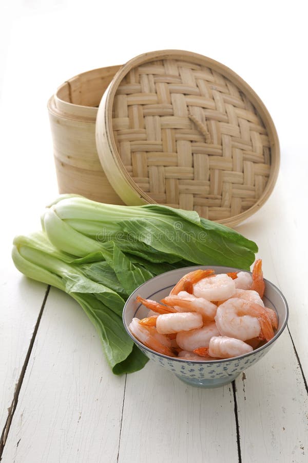 Bamboo Steamer, Bok Choy and Prawns Stock Photo - Image of traditional ...