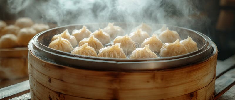 A Bamboo Steamer Holds an Array of Warm Dim Sum Dumplings in a Busy ...