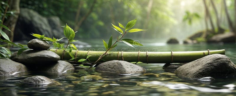 A Bamboo Stick Resting on Rocks in a Shallow River Stock Illustration ...