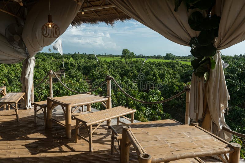 Bamboo Table of Restaurant Rooftop with Farm View Stock Photo - Image ...