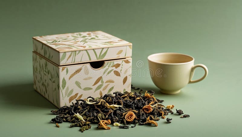 Bamboo Tea Box with Assorted Loose Leaf Tea and Ceramic Cup on Green ...