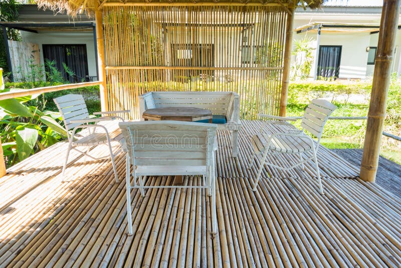 Bamboo Terrace and Dining Table in the Morning Sun. Stock Image - Image ...