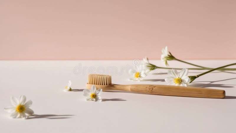 Bamboo Toothbrush with White Flowers on Pink Background. Stock Photo ...