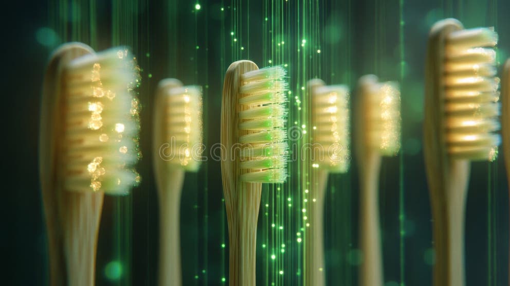 Bamboo Toothbrushes Glowing with Green Light Stock Illustration ...