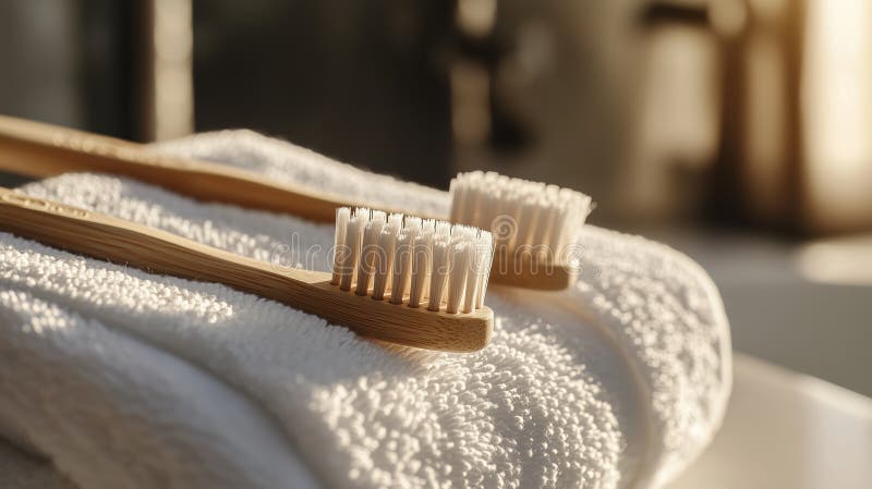 Bamboo Toothbrushes on Soft White Towels Stock Image - Image of ...