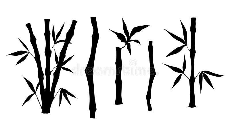 Bamboo Tree Stem with Leaves Silhouette. Set of Bamboo Tree Stock ...