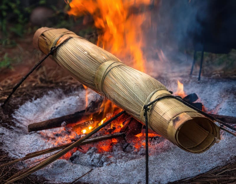 A Bamboo Tube Used for Cooking Rice Over an Open Flame Stock ...