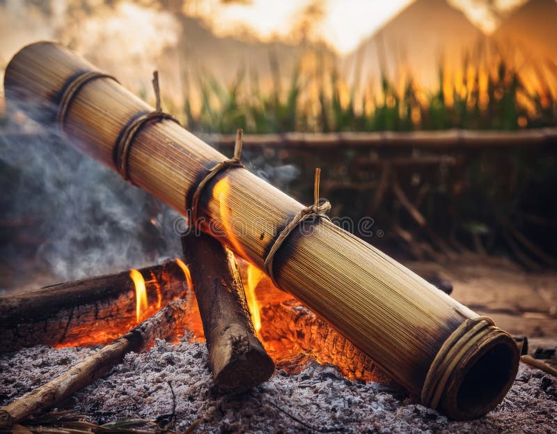 A Bamboo Tube Used for Cooking Rice Over an Open Flame Stock ...