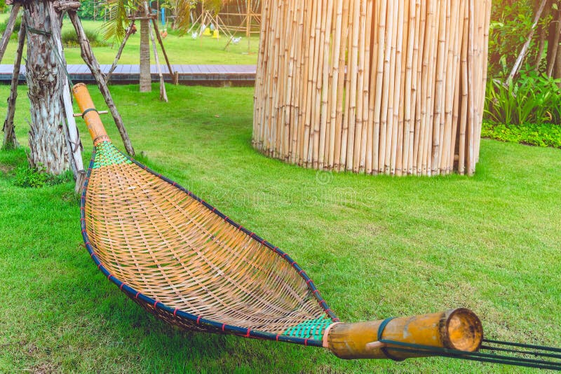 Bamboo Wicker Hammock Hanging on Tree for Relaxing Stock Photo - Image ...