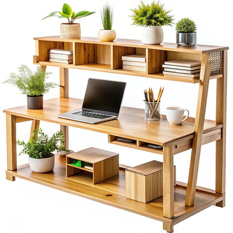 Bamboo Writing Desk with Floating Shelves and Organizers Stock ...