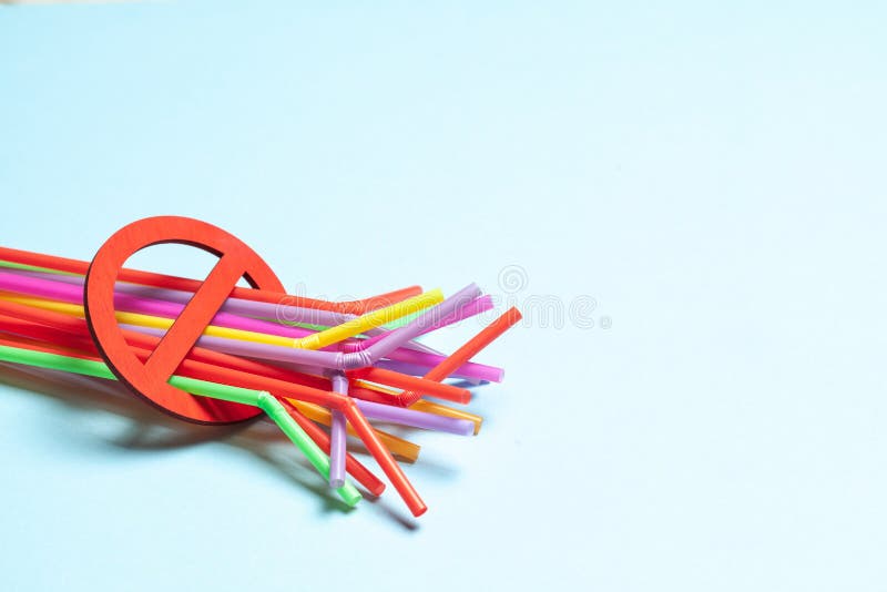 Ban on Plastic Straws for Drinks. Prohibition Sign and Plastic Stock ...
