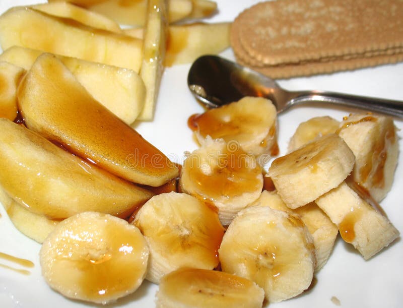 Banana and Apple with Honey Dessert Stock Photo - Image of sliced, food ...