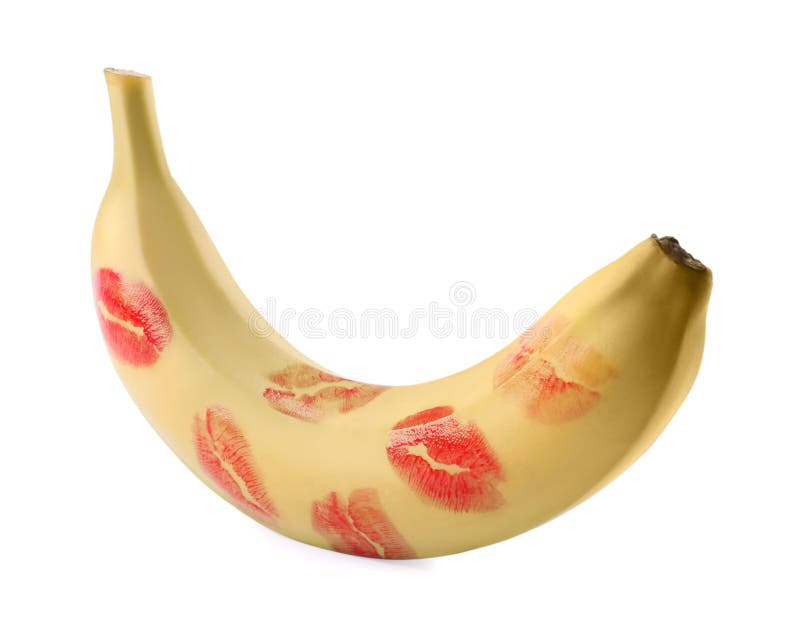 Banana Covered With Red Lipstick Marks Isolated On White Potency