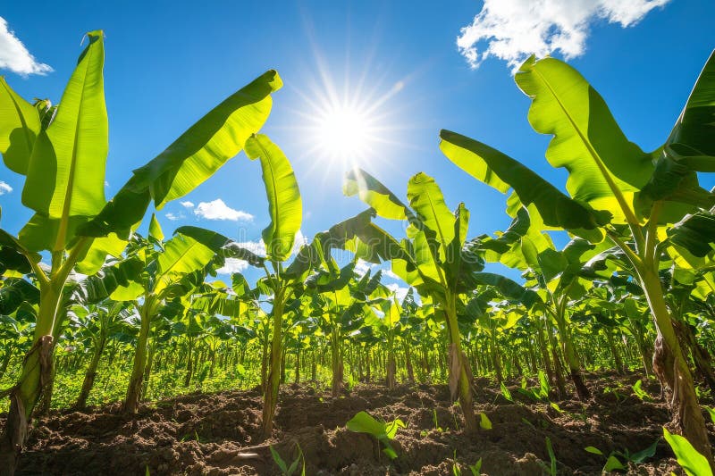 Banana Field with Blue Sky and Sun Stock Illustration - Illustration of ...