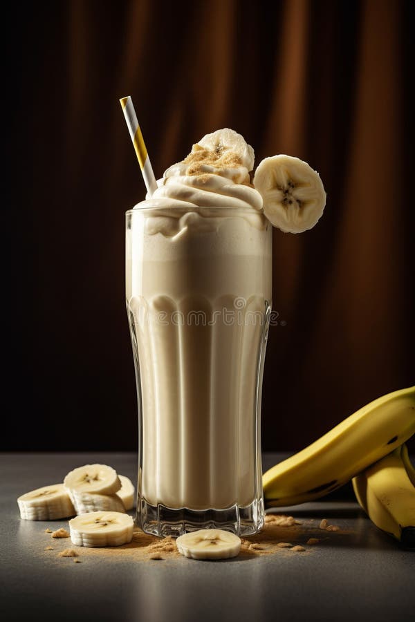 Banana Milkshake Decorated with Banana Slices and Whipped Cream. Stock ...