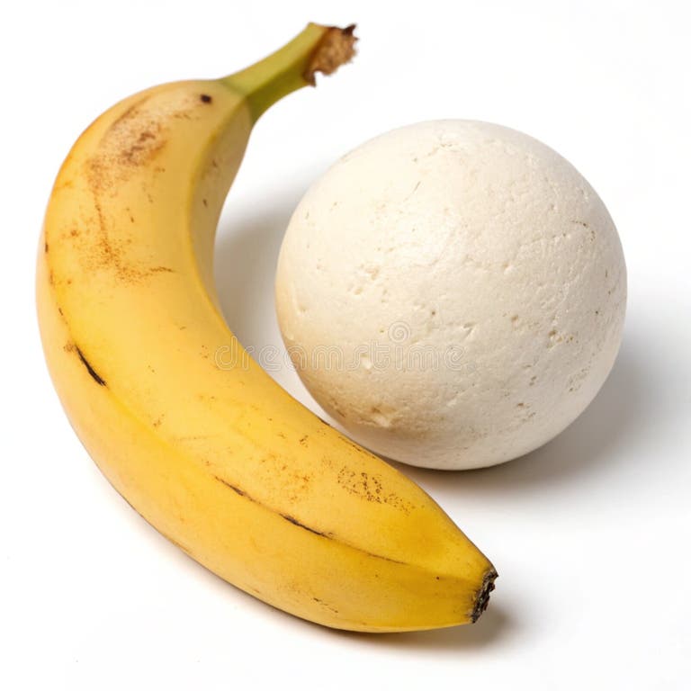 Banana and Plaster Sphere Composition on White Background Stock ...