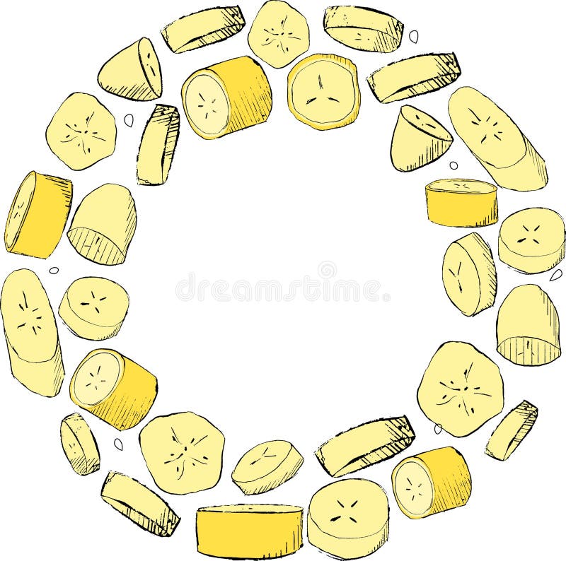 Banana Slices Fruits Circle Frame. Graphic Hand Drawn Round Vector ...
