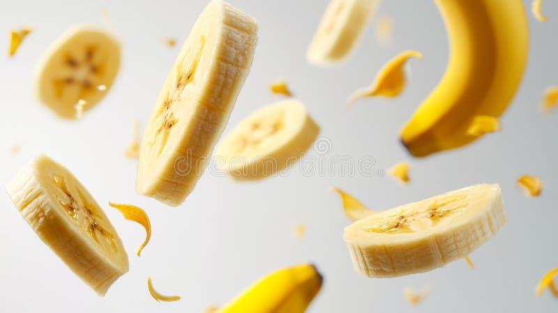 Banana Slices and Whole Banana Floating in Midair Generative AI Stock ...