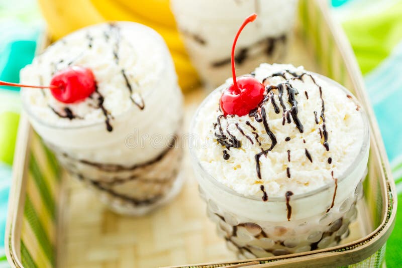 Banana split cold drink stock image. Image of chantilly - 43126755