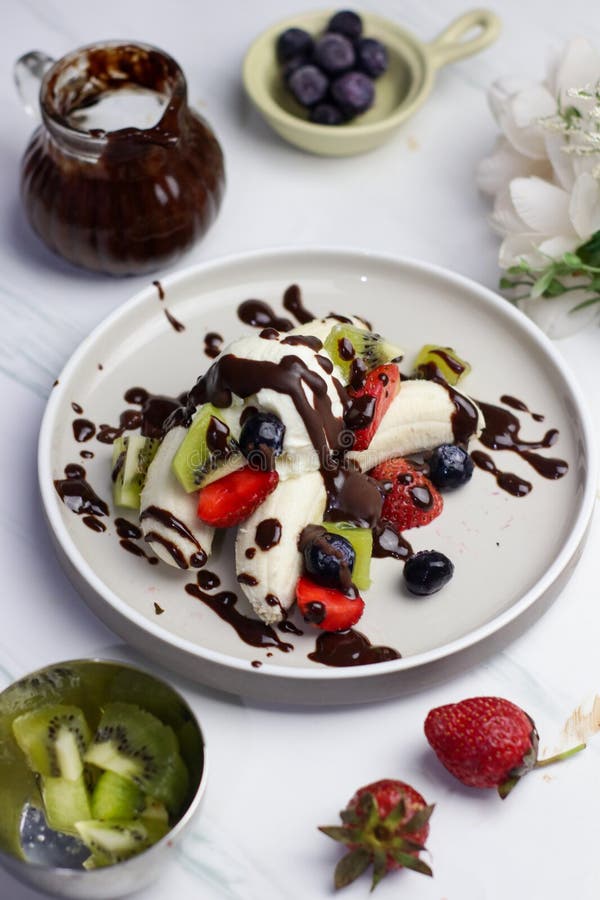 Banana Split with Yogurt and Slice of Fruits Stock Photo - Image of ...