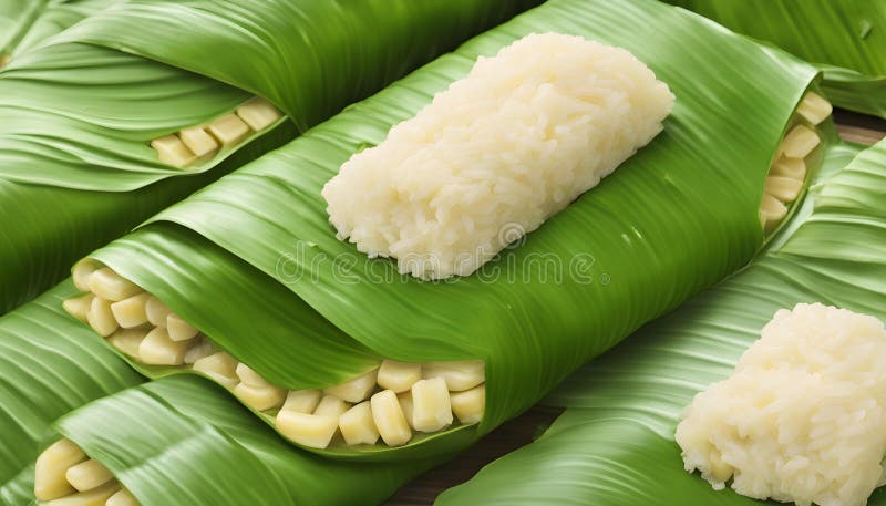 Banana and Sticky Rice in Banana Leaf Stock Illustration - Illustration ...