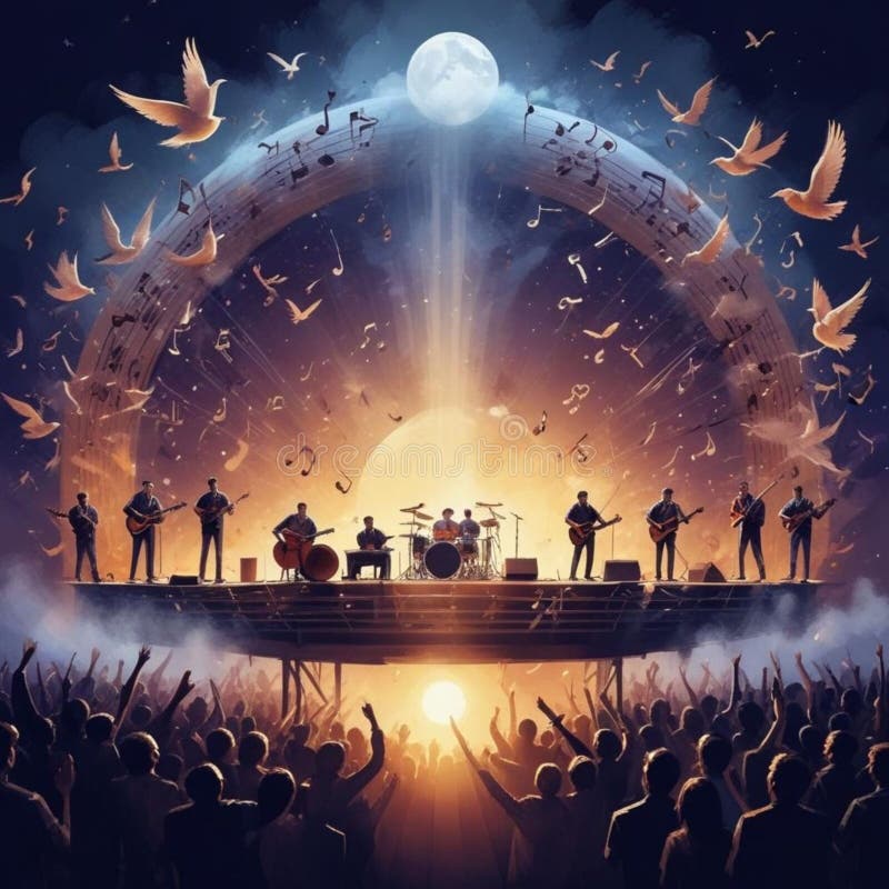 A Band of Musicians Paying on a Stage with a Crowd of People in Front ...