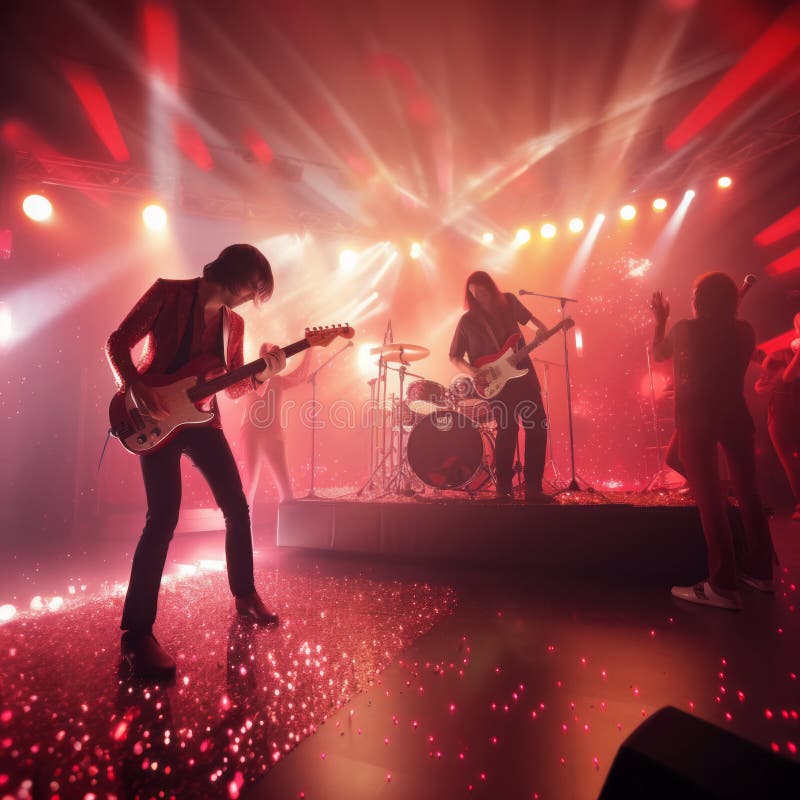 Band Plays Musical Instruments on Stage with Red Lights Stock Image ...