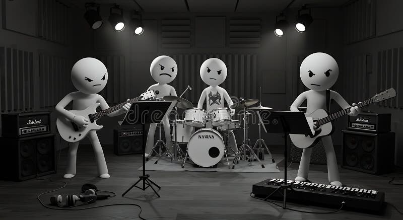 Band Performing Grumpy Concert in Studio with Guitars and Drums Stock ...