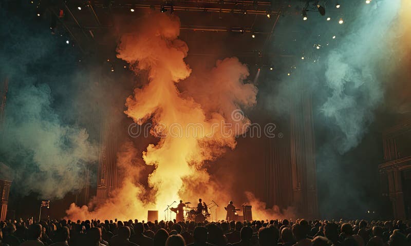 A Band is Performing on Stage in Front of a Crowd, with Smoke Coming ...