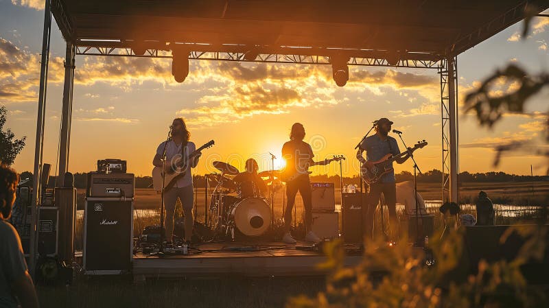 A Band Performs at Sunset on an Outdoor Stage, Creating a Lively ...