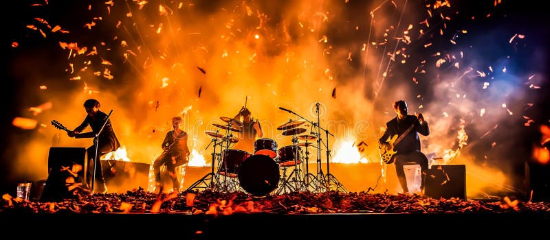 A Band is Playing on Stage with a Lot of Smoke and Fire Stock Image ...