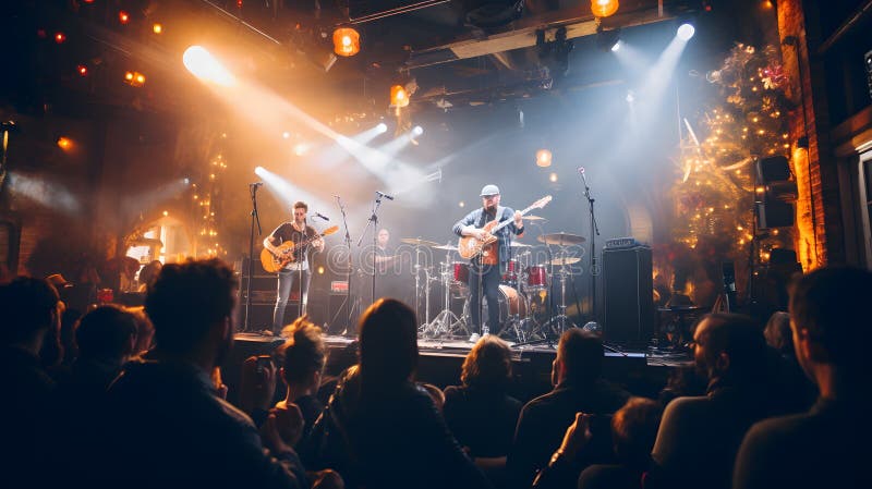 A Band in a Pub is Performing on Stage. with the Audience Surrounding ...