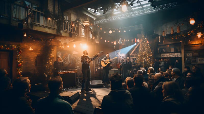 A Band in a Pub is Performing on Stage. with the Audience Surrounding ...