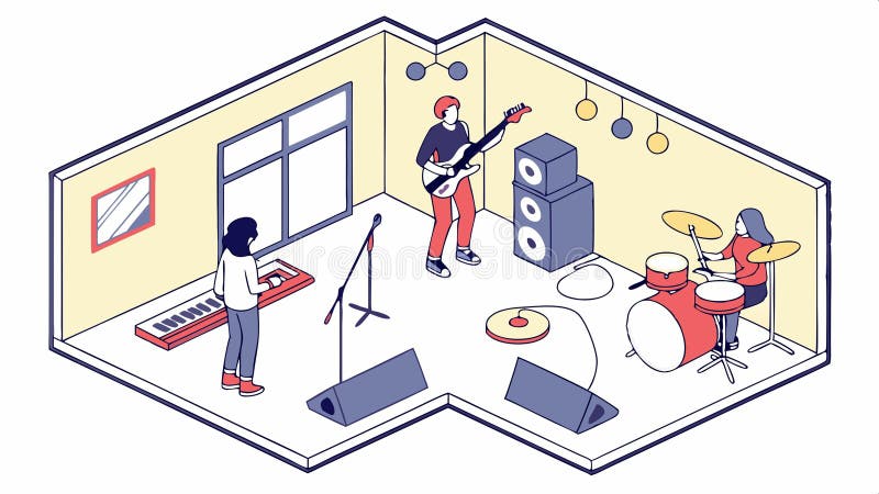 Band in Recording Studio, a Music Production Session Vector Design ...