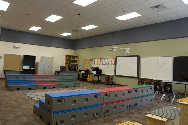 Organized Kindergarten Classroom with Tables and Chairs Stock Photo ...