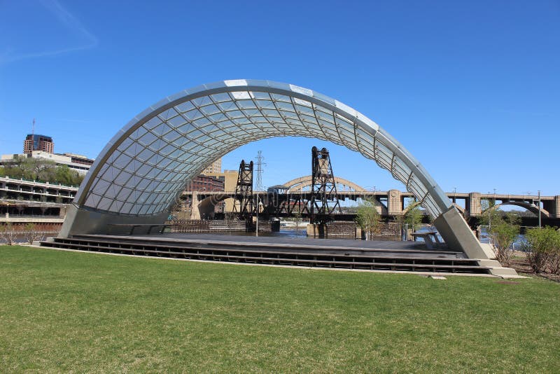 A Band Shell Frames a Lift Bridge Stock Photo - Image of shadows, grey ...