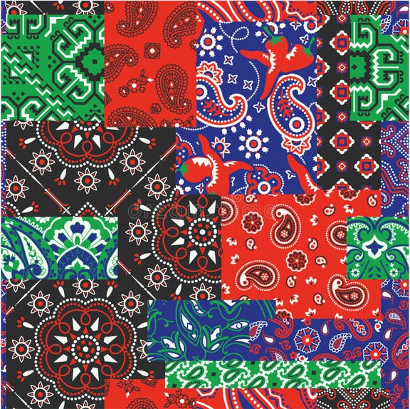 Bandanna and Native Motifs Kerchief Fabric Patchwork Stock Vector ...